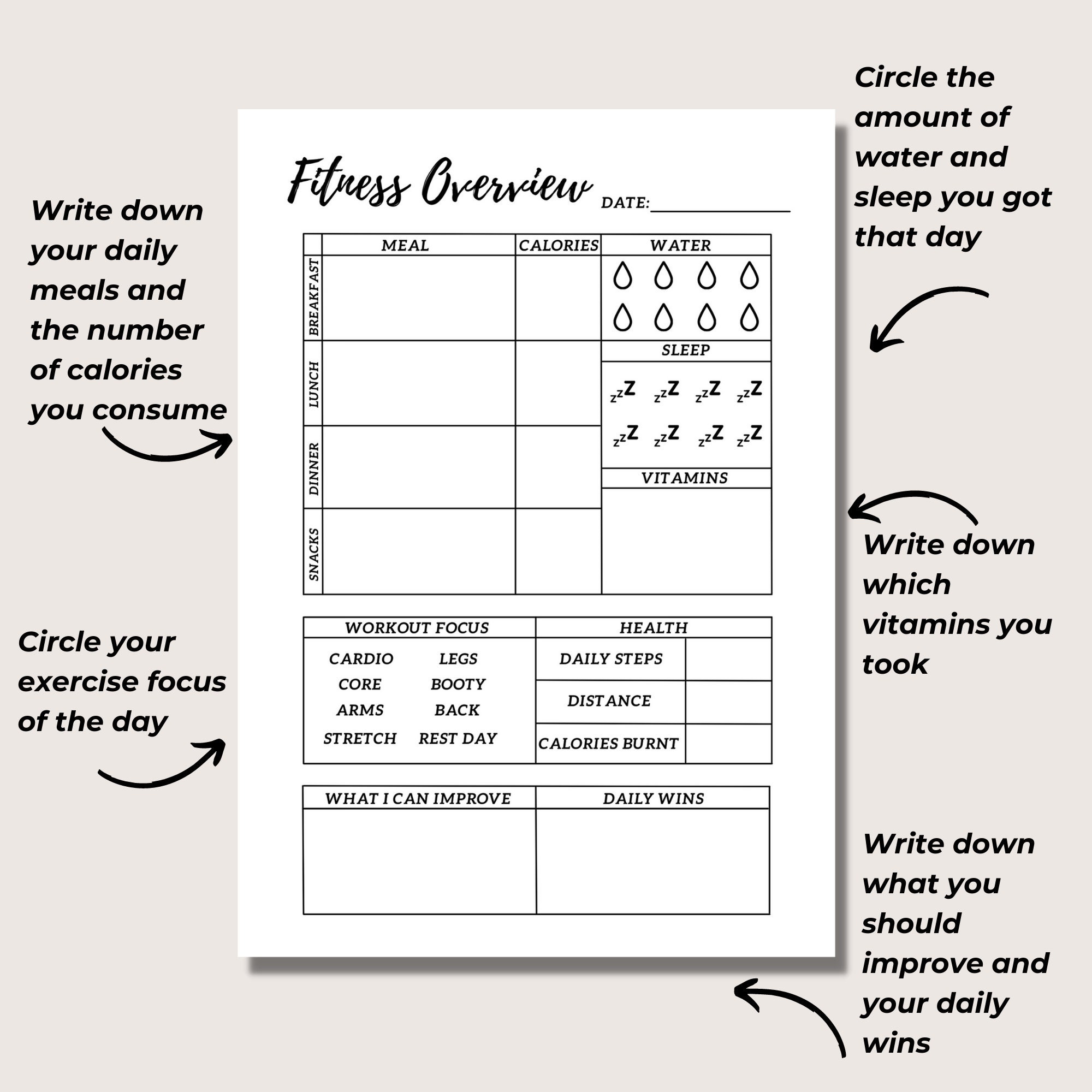 Daily Fitness Overview, Fitness Tracker, Daily Health Log, Fitness ...