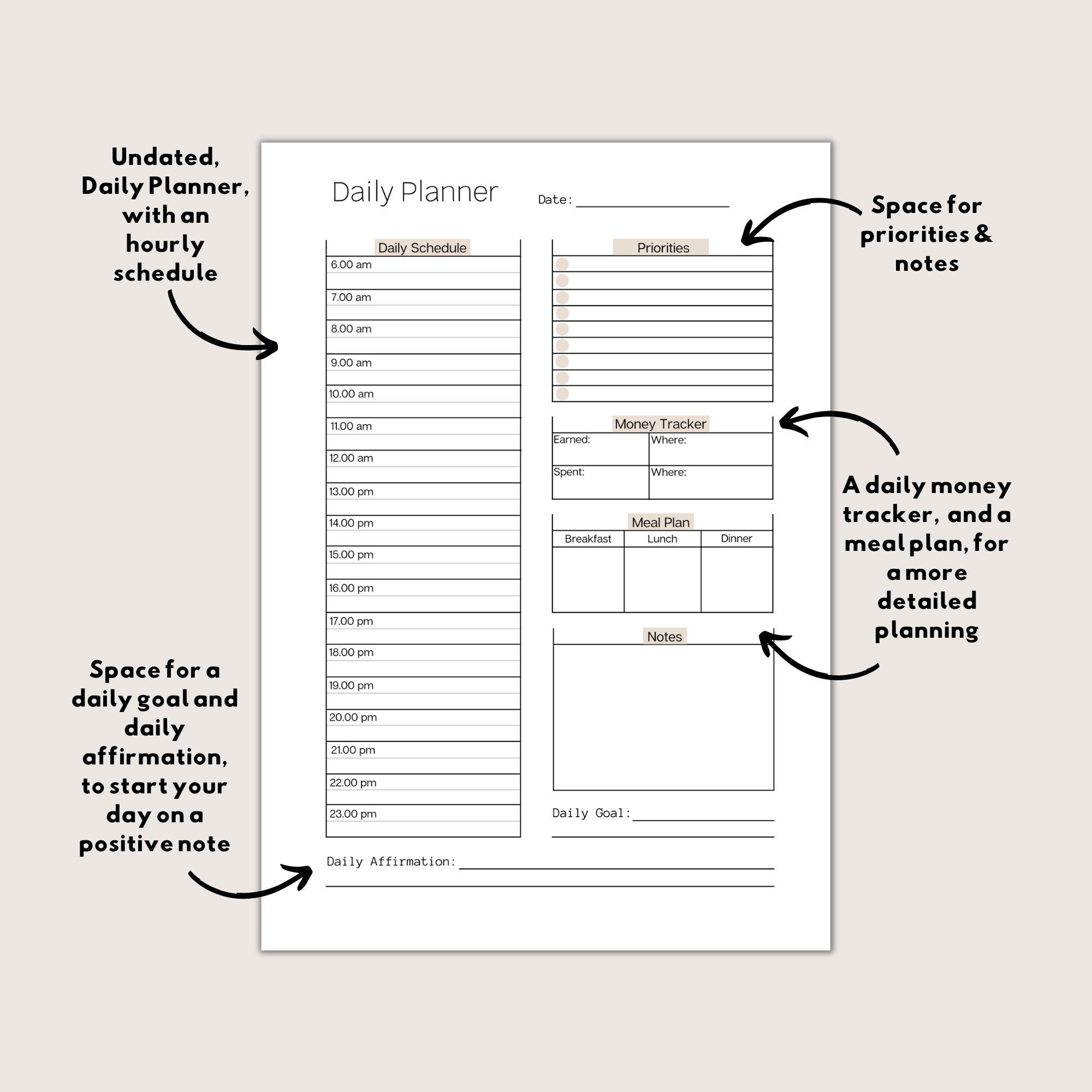 Daily Printable Planner Insert, Daily to Do List, Productivity Planner ...