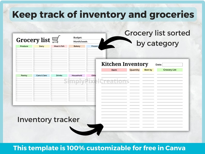 Grocery List, Printable Inventory Tracker Food Journal, Meal Planner ...