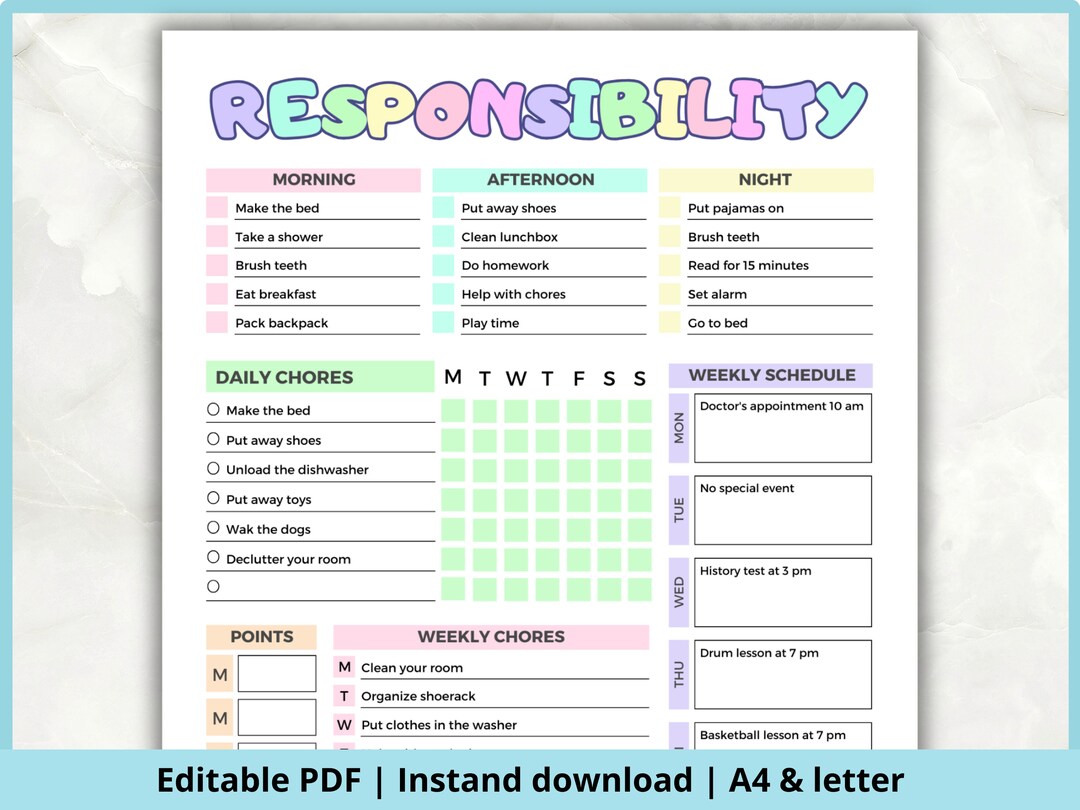 EDITABLE Responsibility Chore Chart for Kids Reward Chart - Etsy