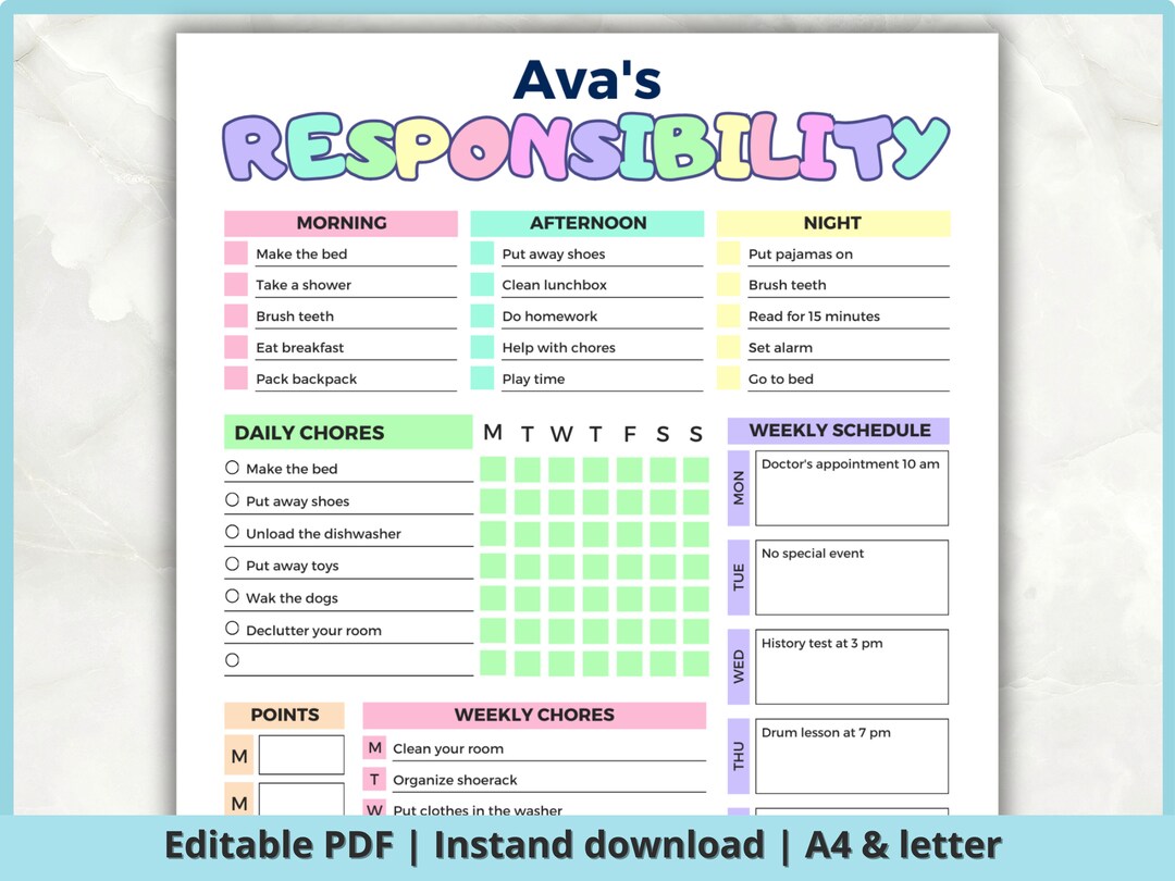 EDITABLE Responsibility Chore Chart for Kids Reward Chart - Etsy