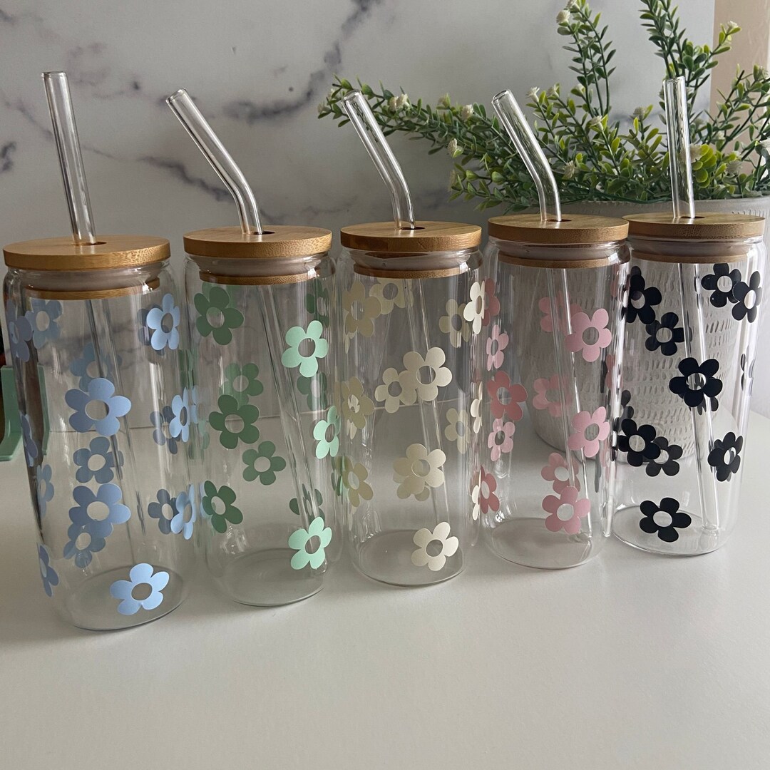 20oz Daisy Glass Can, Retro Flowers Glass Can, Retro Daisy Glass Cup ...