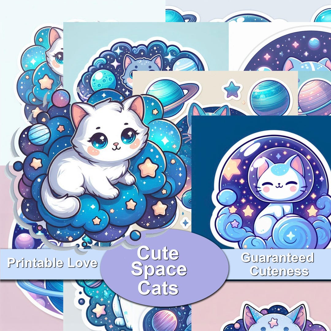 CUTE SPACE CATS Stickers, Printable Fussy Cuts, Adorable Galaxy Kittens ...