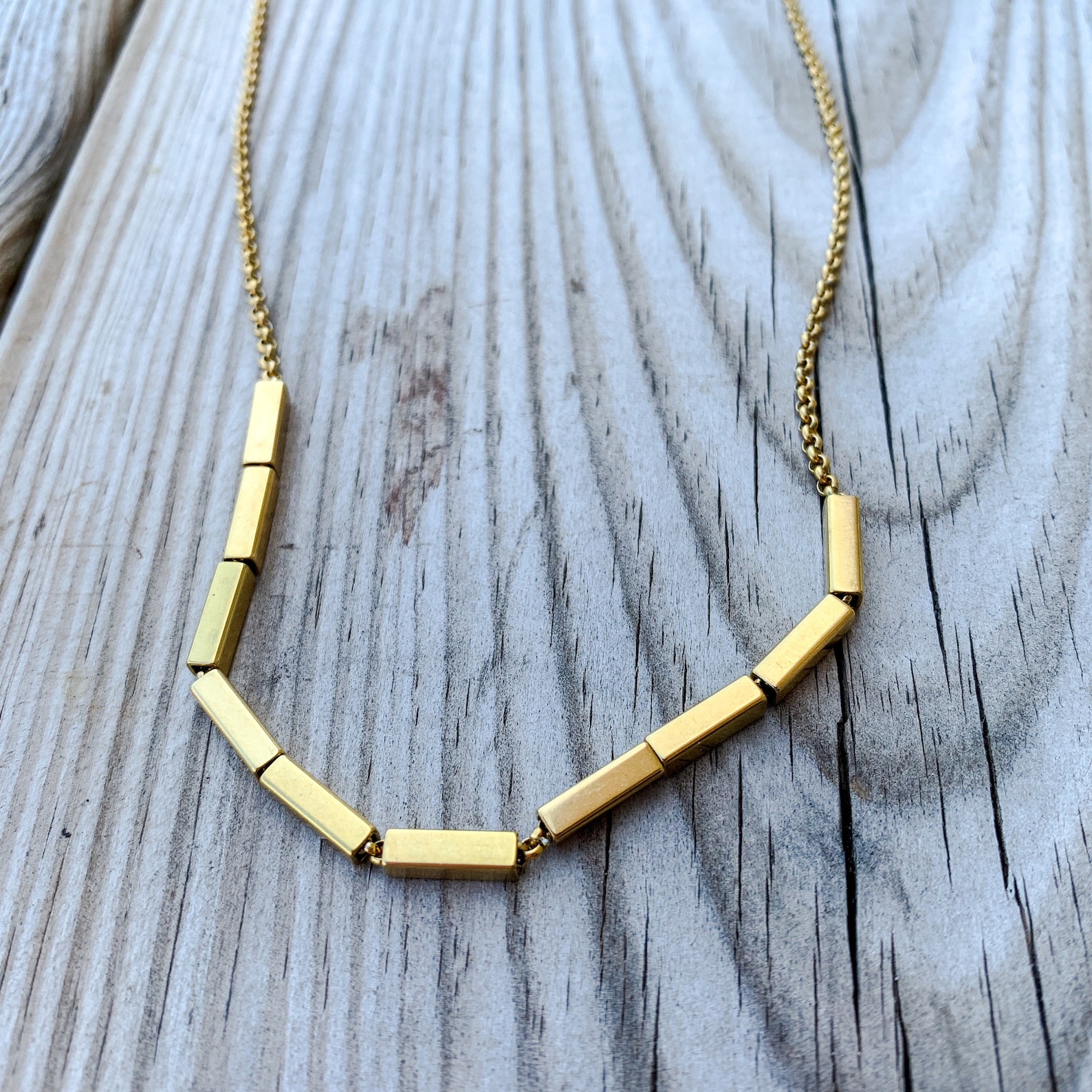 Gold Chain Necklace With Square Tube Beads - Minimalist Jewelry - Gold ...