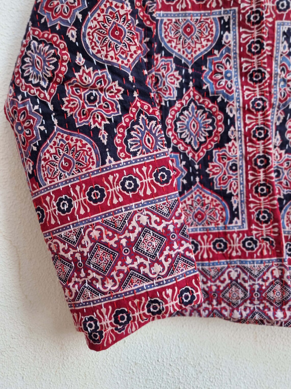 Red Ajrakh Kantha Jacket, Indian Cotton Kantha Coat, Handmade Kantha ...