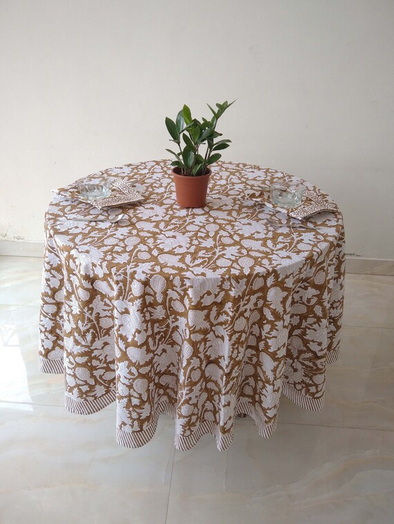 Brown Floral Round Table Cloth Indian Block Print Round Table - Etsy