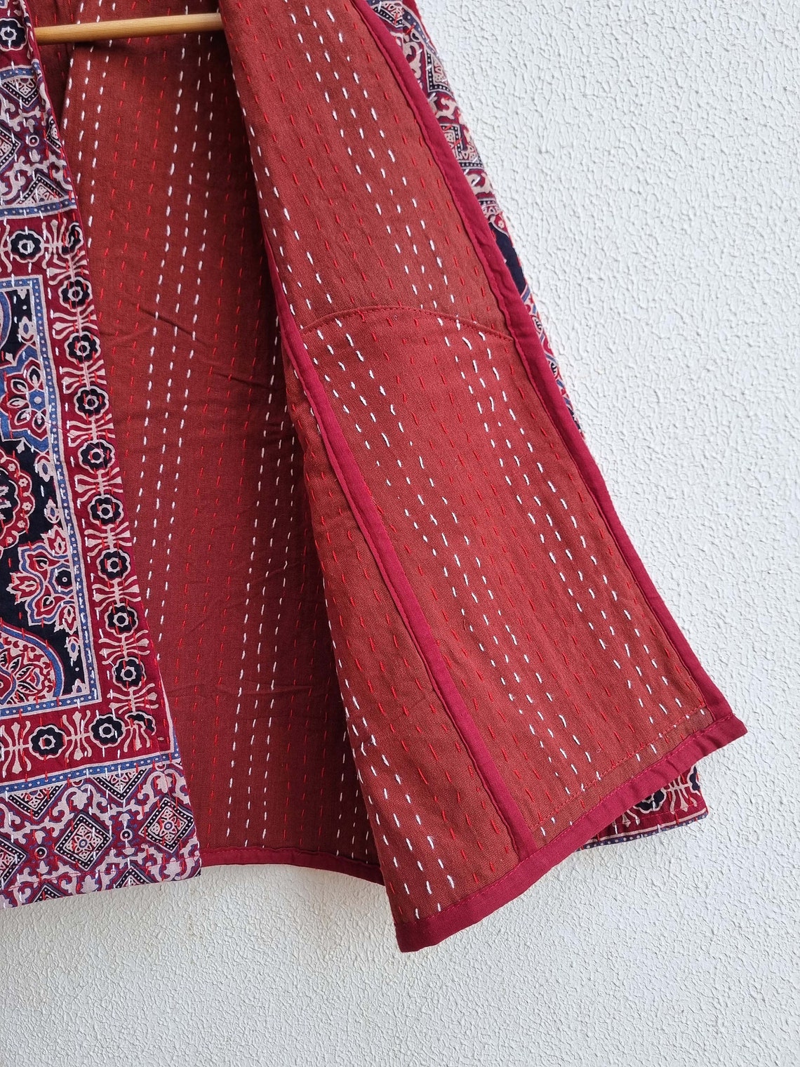 Red Ajrakh Kantha Jacket, Indian Cotton Kantha Coat, Handmade Kantha ...