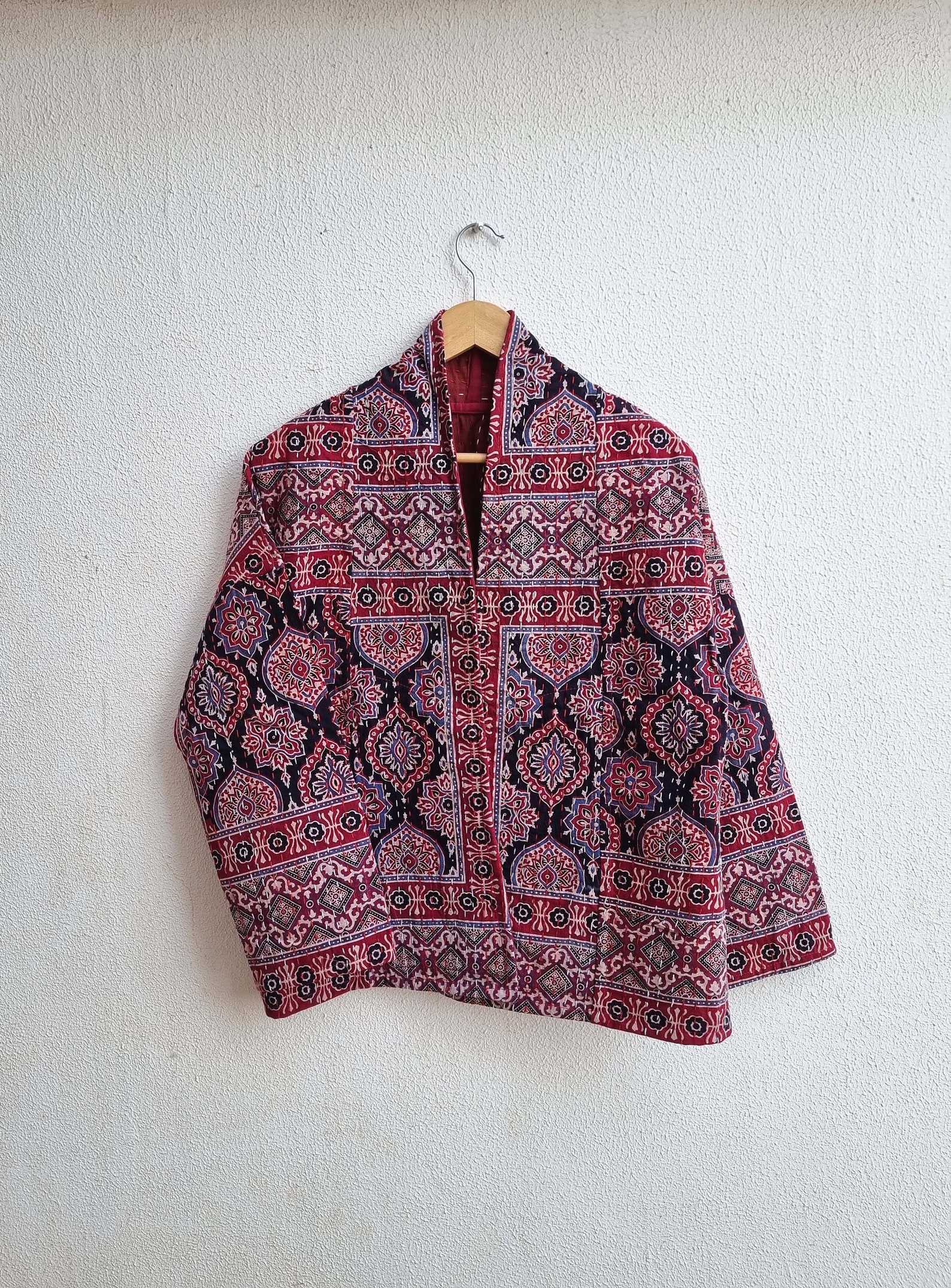 Red Ajrakh Kantha Jacket, Indian Cotton Kantha Coat, Handmade Kantha Jacket, Kantha Short Jacket ...