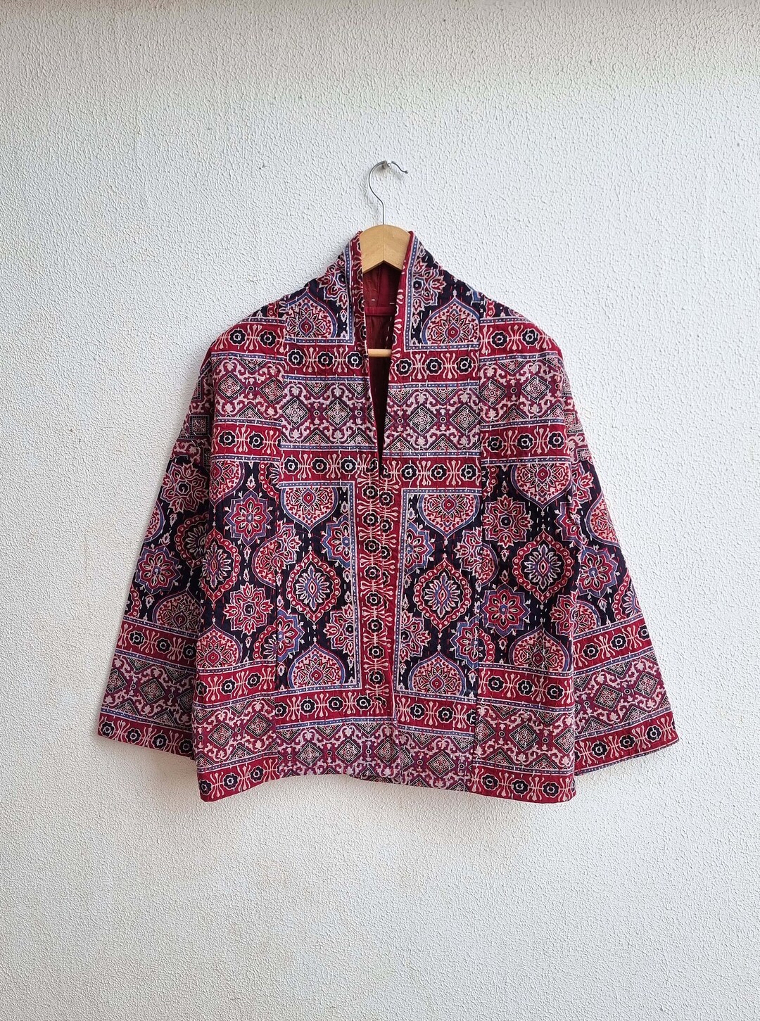 Red Ajrakh Kantha Jacket, Indian Cotton Kantha Coat, Handmade Kantha ...