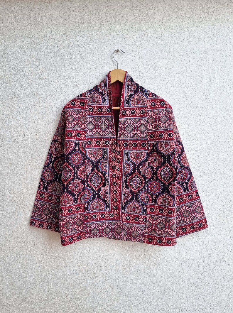 Red Ajrakh Kantha Jacket, Indian Cotton Kantha Coat, Handmade Kantha ...