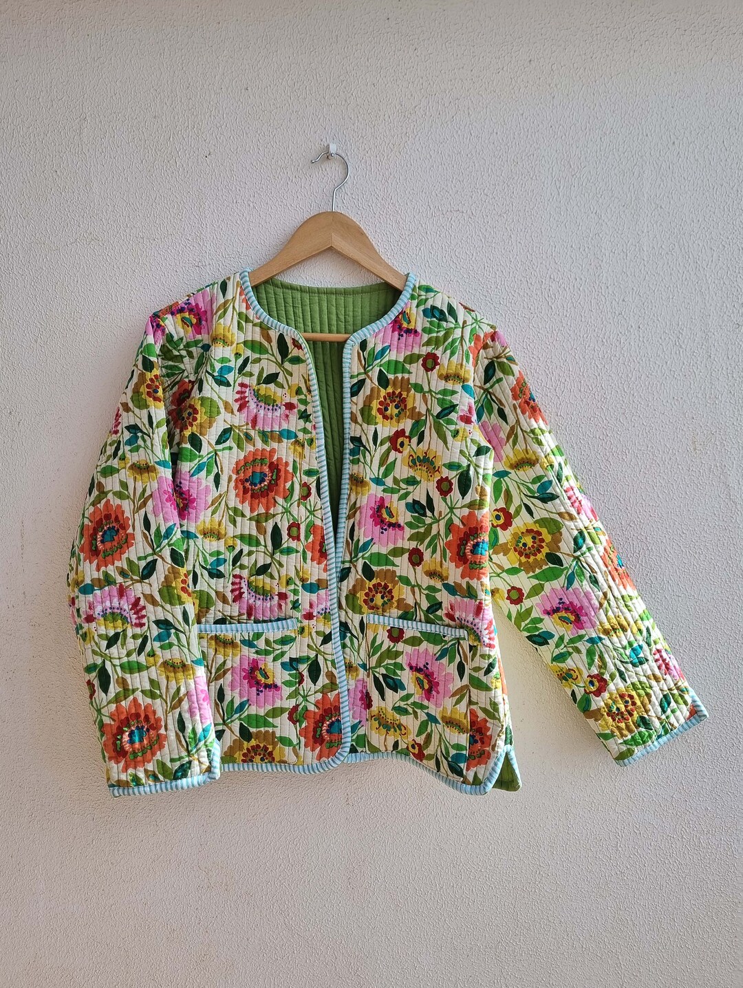 Indian Hand Block Print Quilted Jacket, Handmade Cotton Kantha Coat ...