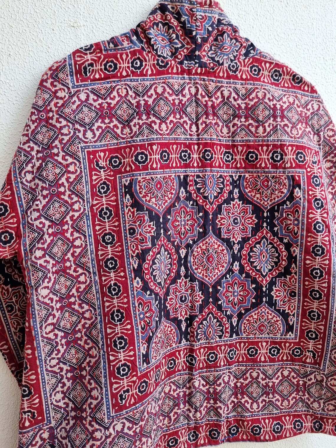 Red Ajrakh Kantha Jacket, Indian Cotton Kantha Coat, Handmade Kantha ...