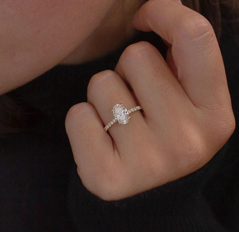 Oval Cut Diamond Engagement Ring, Solitaire Moissanite Ring, Pavé Band ...