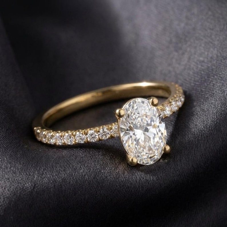 Oval Cut Diamond Engagement Ring, Solitaire Moissanite Ring, Pavé Band ...