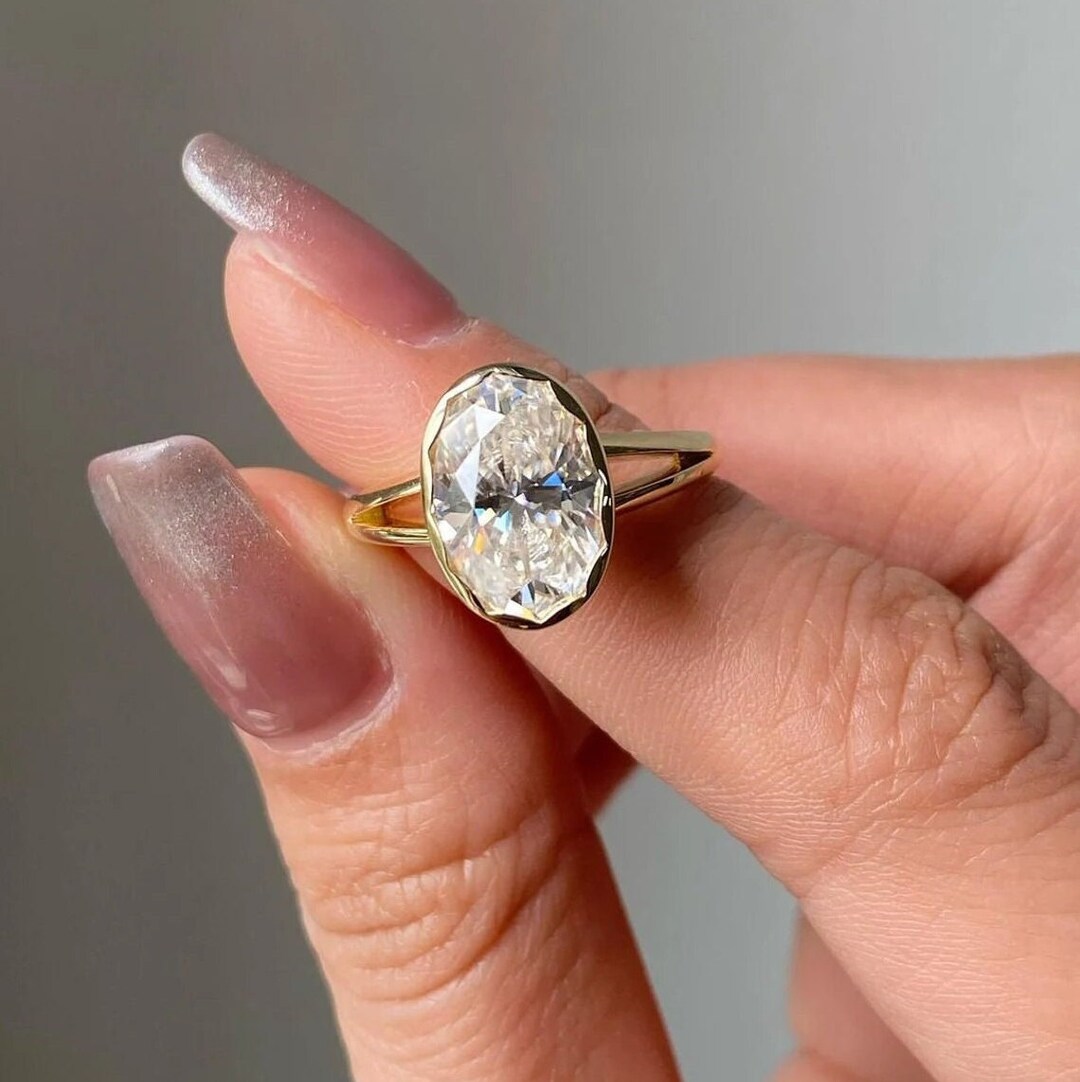 2ct Oval Cut Moissanite Engagement Ring Bezel Solitaire Ring Wedding ...