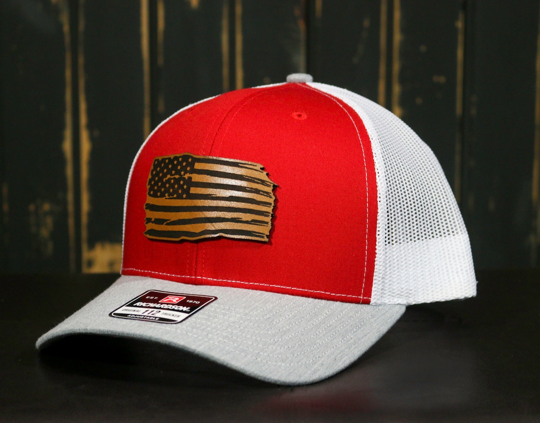 American Flag Trucker Hat - Distressed Flag Leather Patch Richardson ...