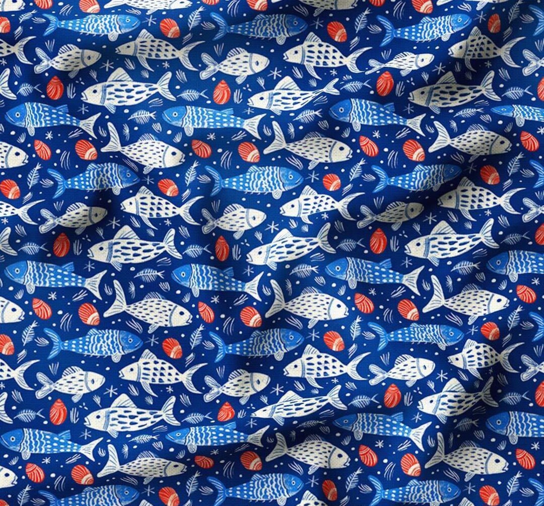 Nautical Fish Print Fabric: Navy Blue Coastal Polycotton, 56" Wide - Etsy