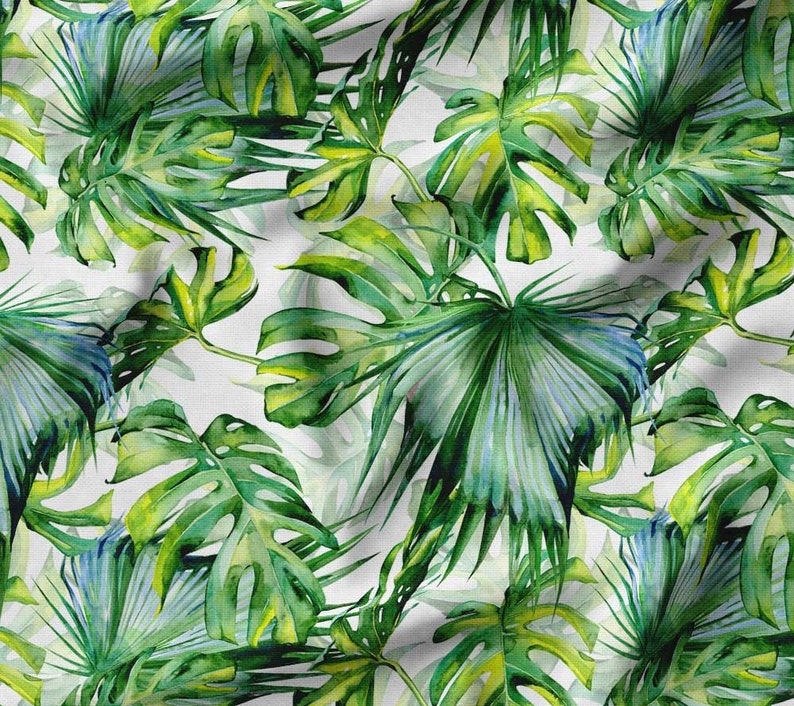 Watercolor Monstera Green Leaves Fabric, Hawaiian Fabric Tropical ...