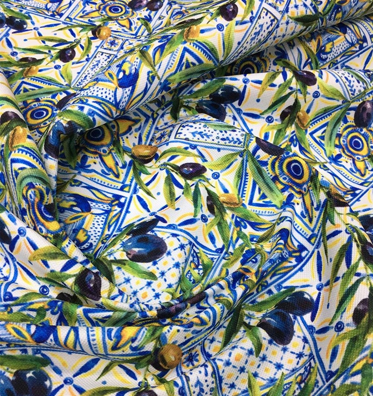 Olive on Italian Ceramic Tile Pattern Fabric, Majolica Mediterranean ...