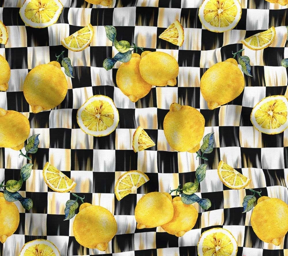 Black and White Check Fabric, Citrus Lemon Print on Oil Paint ...