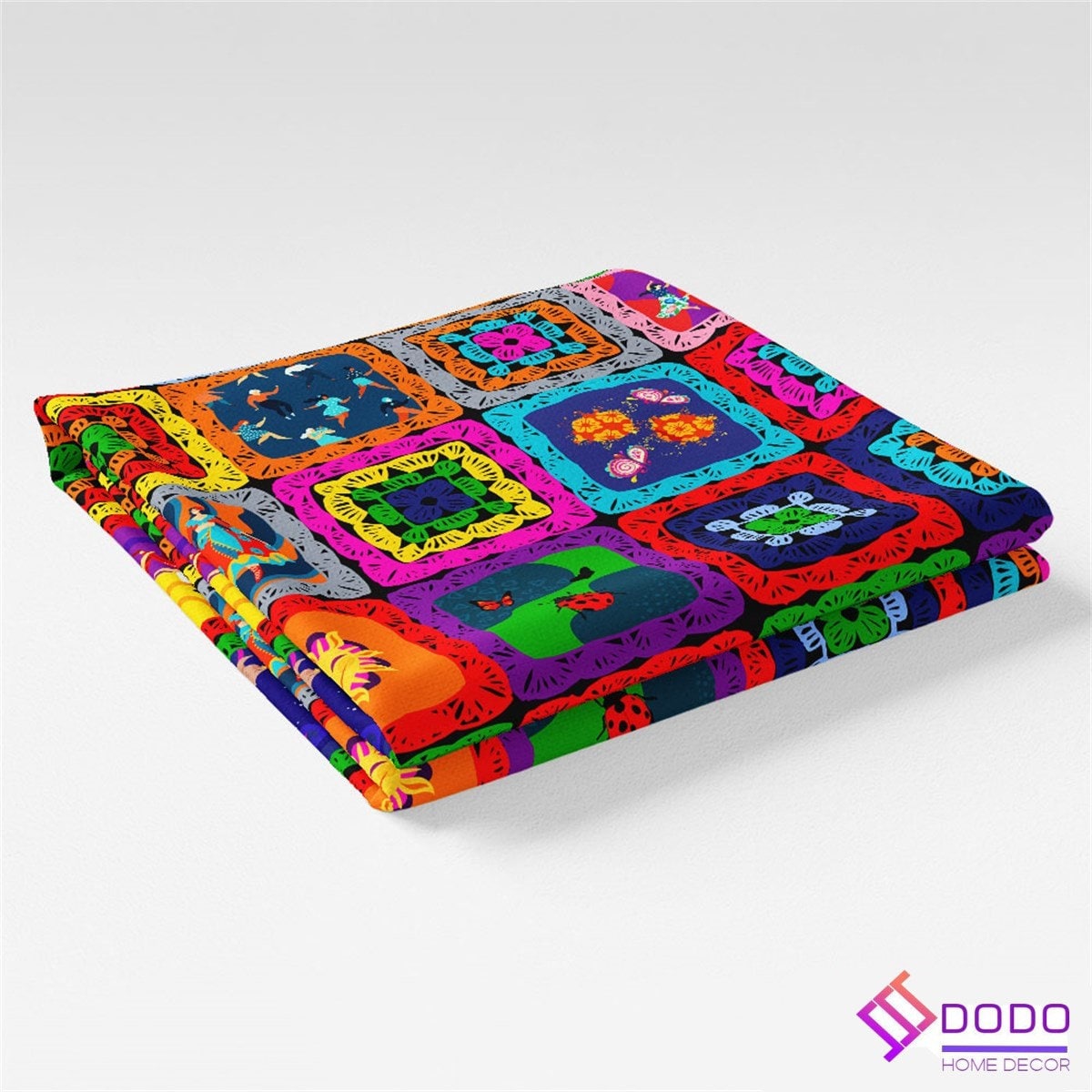 Colorful Patchwork Fabric, Granny Square Crochet Knitting Pattern Print Upholstery Fabric by the ...