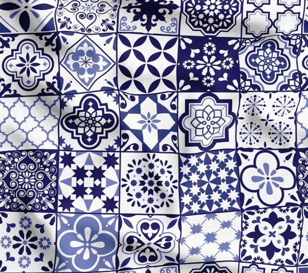 Sicilian Tile Fabric by the Yard, Blue Majolica Mosaic Pattern Fabric ...