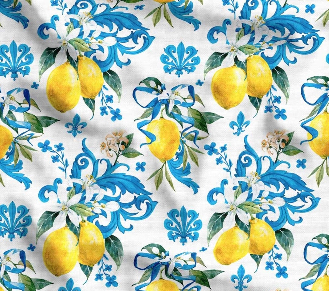 Lemon Print Fabric by the Yard, Baroque Fabric, Lemon With Navy Blue ...