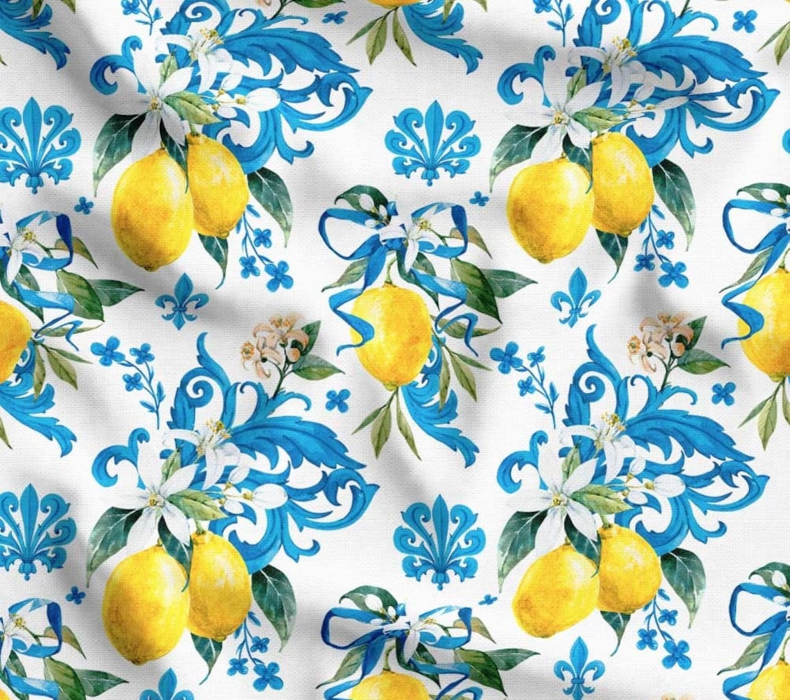 Lemon Print Fabric by the Yard, Baroque Fabric, Lemon With Navy Blue ...