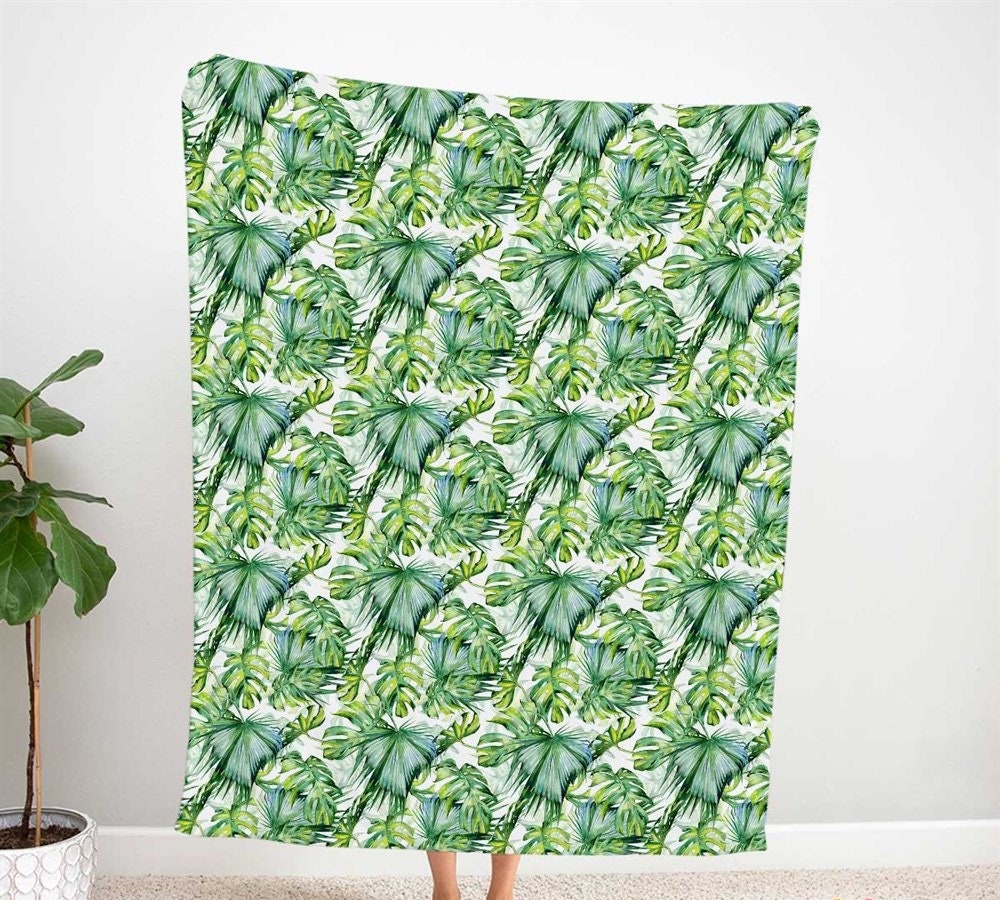 Watercolor Monstera Green Leaves Fabric, Hawaiian Fabric Tropical ...