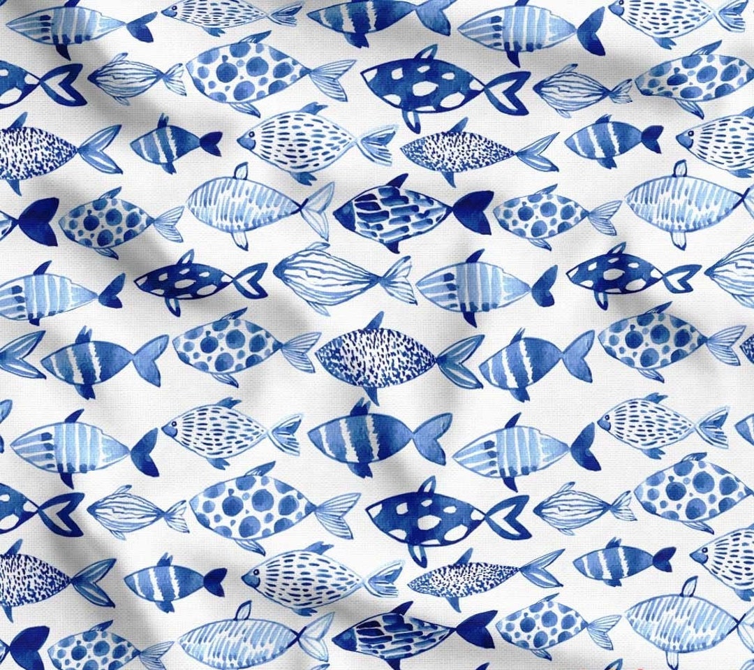 Coastal Fish Upholstery Fabric, Blue Nautical Ocean Print Canvas by the ...