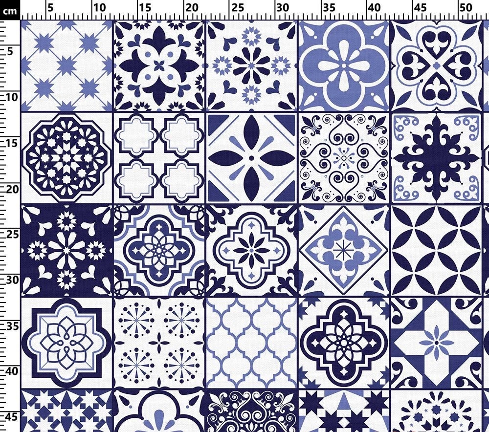 Sicilian Tile Fabric by the Yard, Blue Majolica Mosaic Pattern Fabric ...