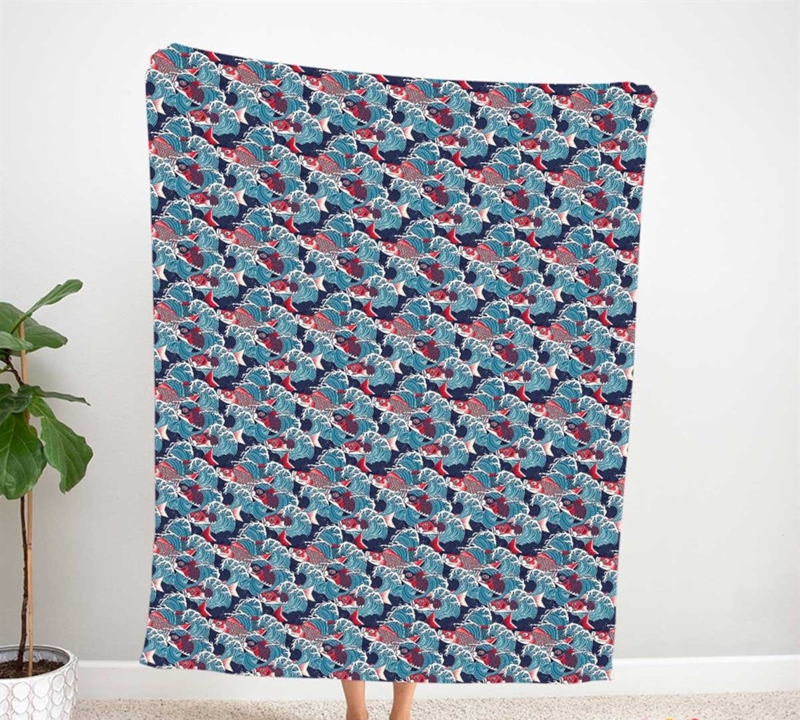 Koi Fish Fabric, Waves and Fish Print Japanese Fabric by the Yard, Blue ...