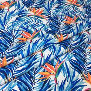 Blue Orange Tropical Leaves Upholstery Fabric, Bird of Paradise Pattern ...