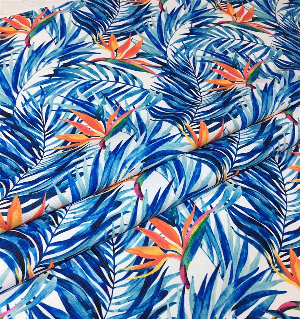 Blue Orange Tropical Leaves Upholstery Fabric, Bird of Paradise Pattern ...