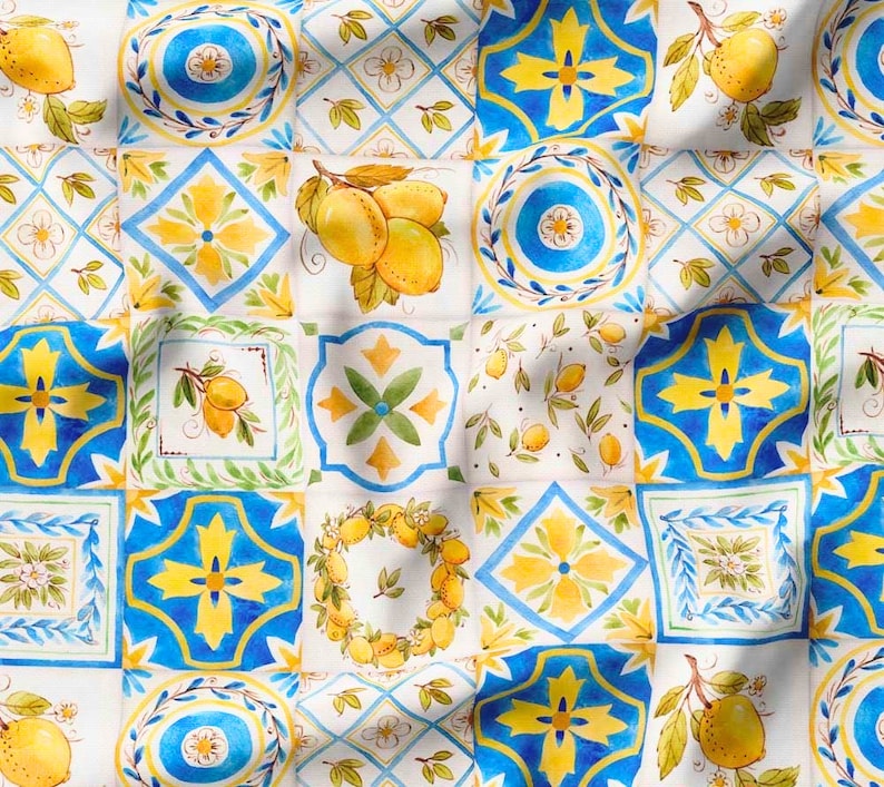 Lemon Fruit Print Fabric, Majolica Ceramic Tiles Lemon Upholstery ...