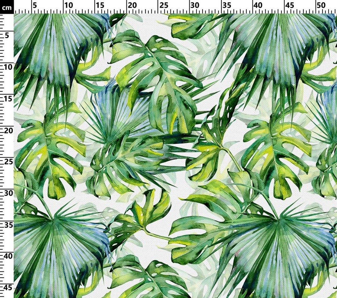Watercolor Monstera Green Leaves Fabric, Hawaiian Fabric Tropical ...