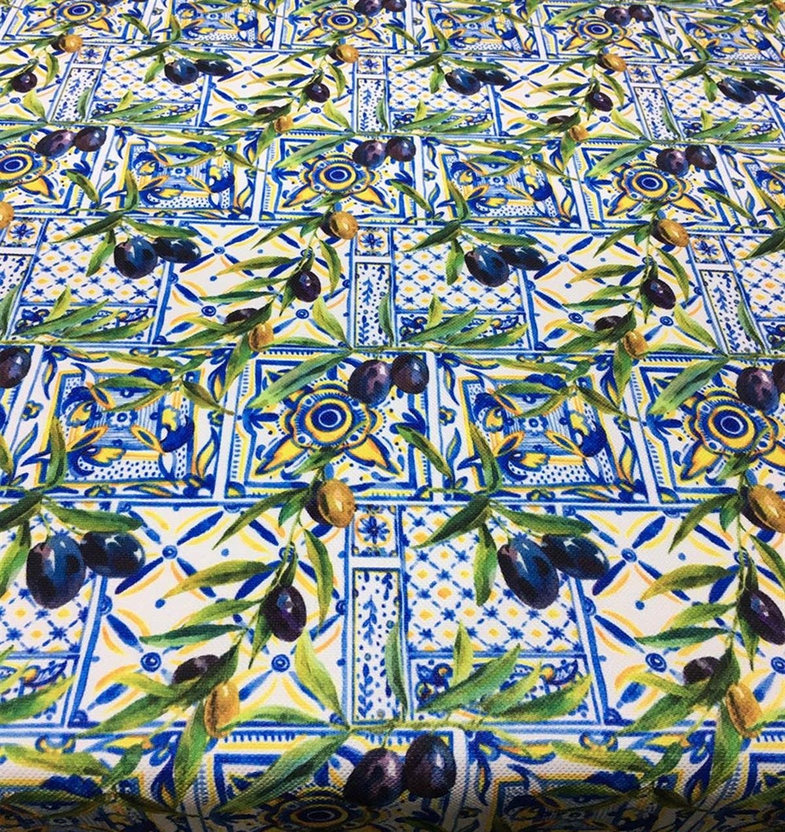 Olive on Italian Ceramic Tile Pattern Fabric, Majolica Mediterranean ...
