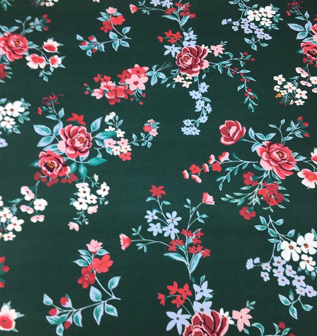 Roses Fabric, Red Pink Roses Fabric on Green Background, Kaffe Fassett ...