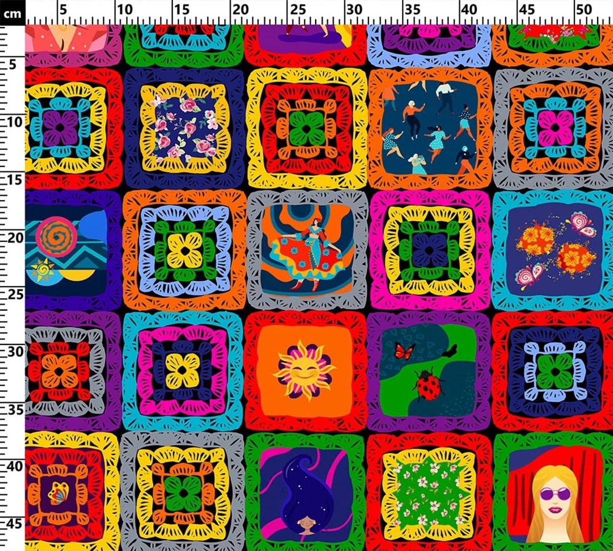 Colorful Patchwork Fabric, Granny Square Crochet Knitting Pattern Print Upholstery Fabric by the ...