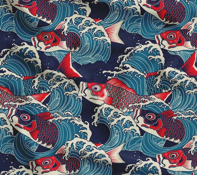 Koi Fish Fabric, Japanese Waves Print, Blue Teal Coastal Canvas, by the ...