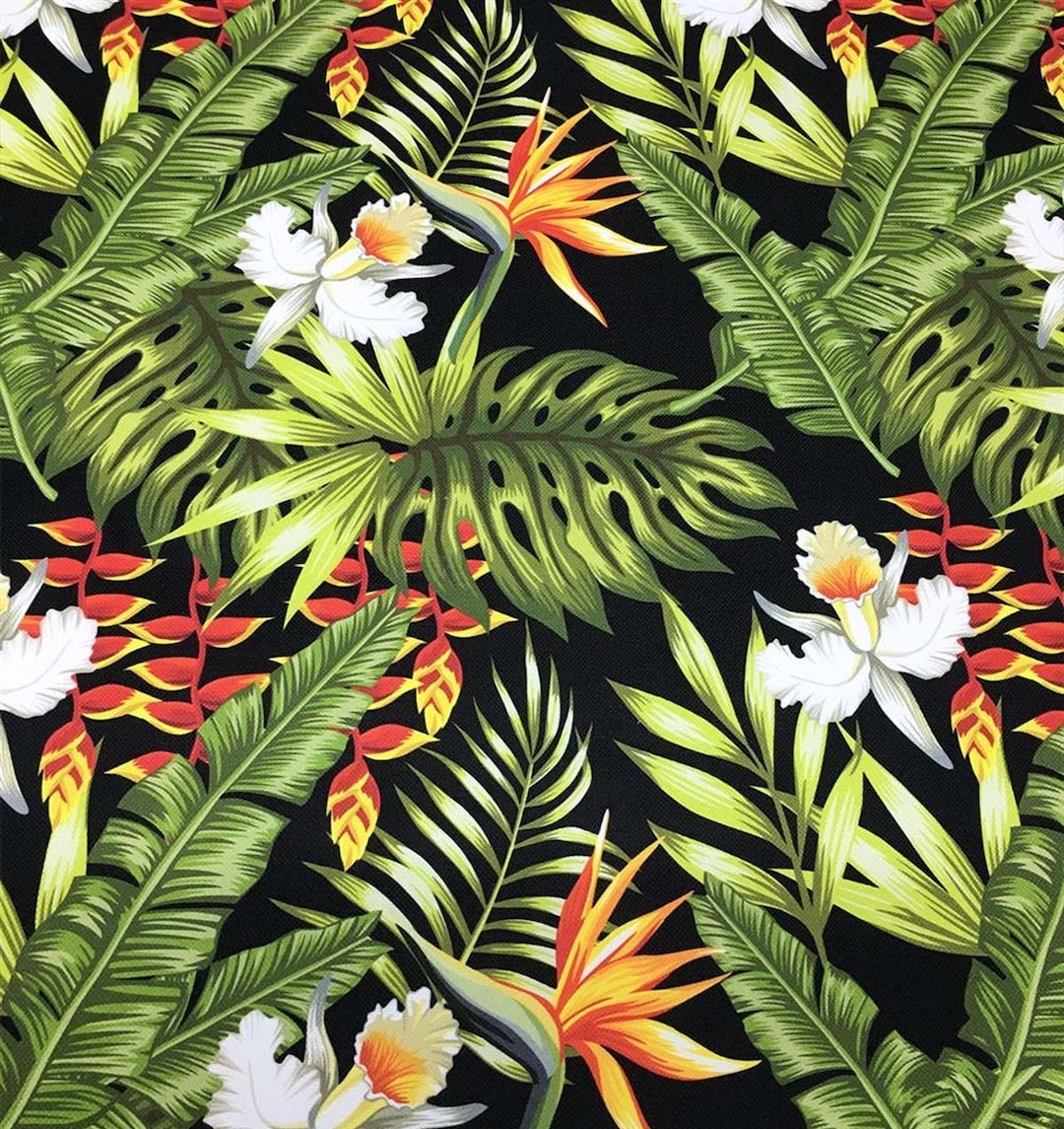 White Floral Tropical Leaf Fabric, Hawaiian Fabric, Canvas Upholstery Fabric by the Yard, Tropic ...