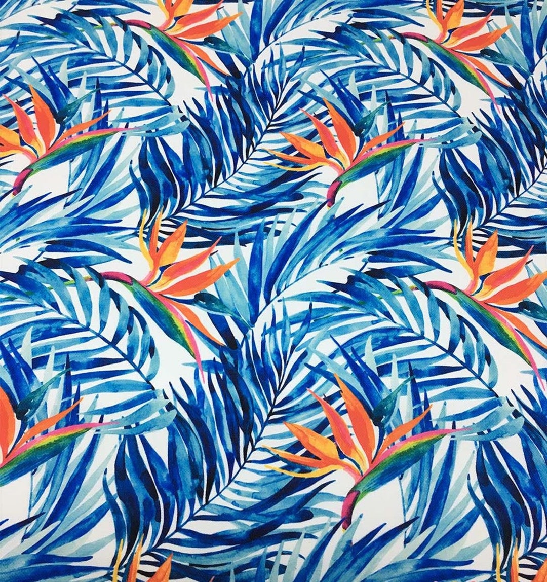 Blue Orange Tropical Leaves Upholstery Fabric, Bird of Paradise Pattern ...