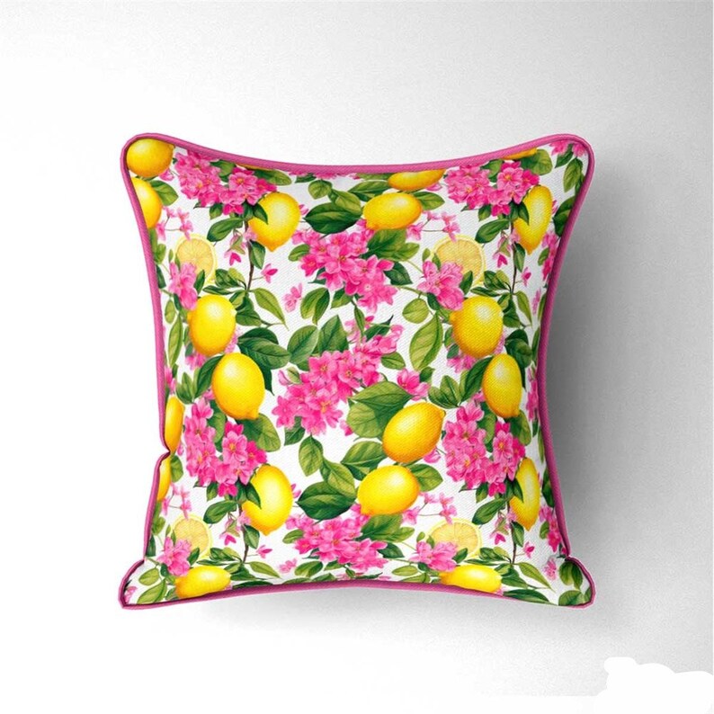 Floral Lemon Tree Canvas Fabric, Fuchsia Flower Print, Upholstery ...