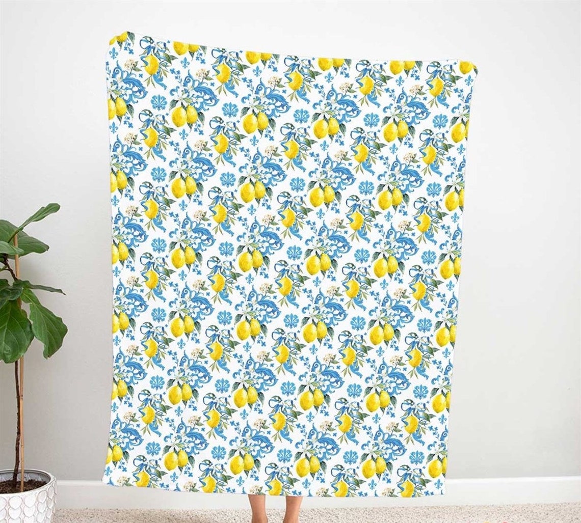 Lemon Print Fabric by the Yard, Baroque Fabric, Lemon With Navy Blue ...