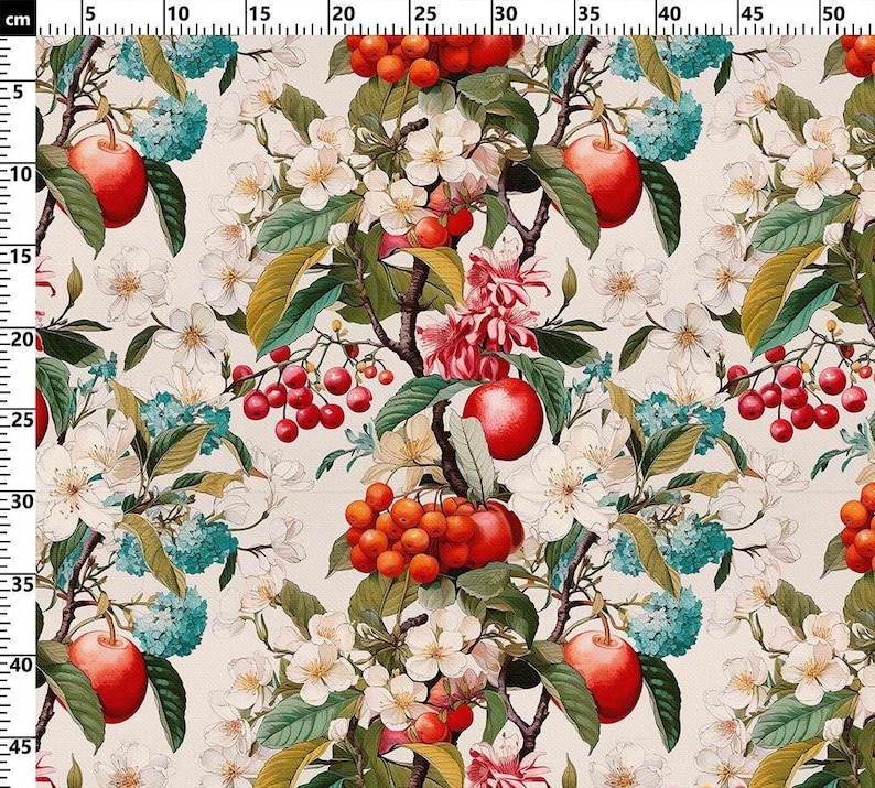Tilda Style Vintage Orchard Fruit Print Fabric by the Yard, Apple Pear ...