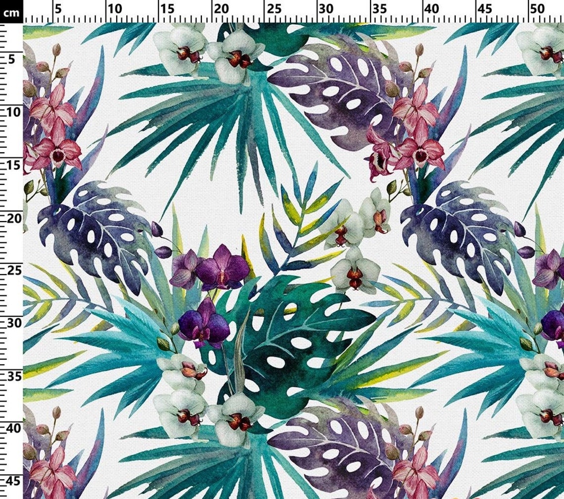 Tropical Upholstery Fabric, Turquoise Purple Leaves Flowers Fabric ...