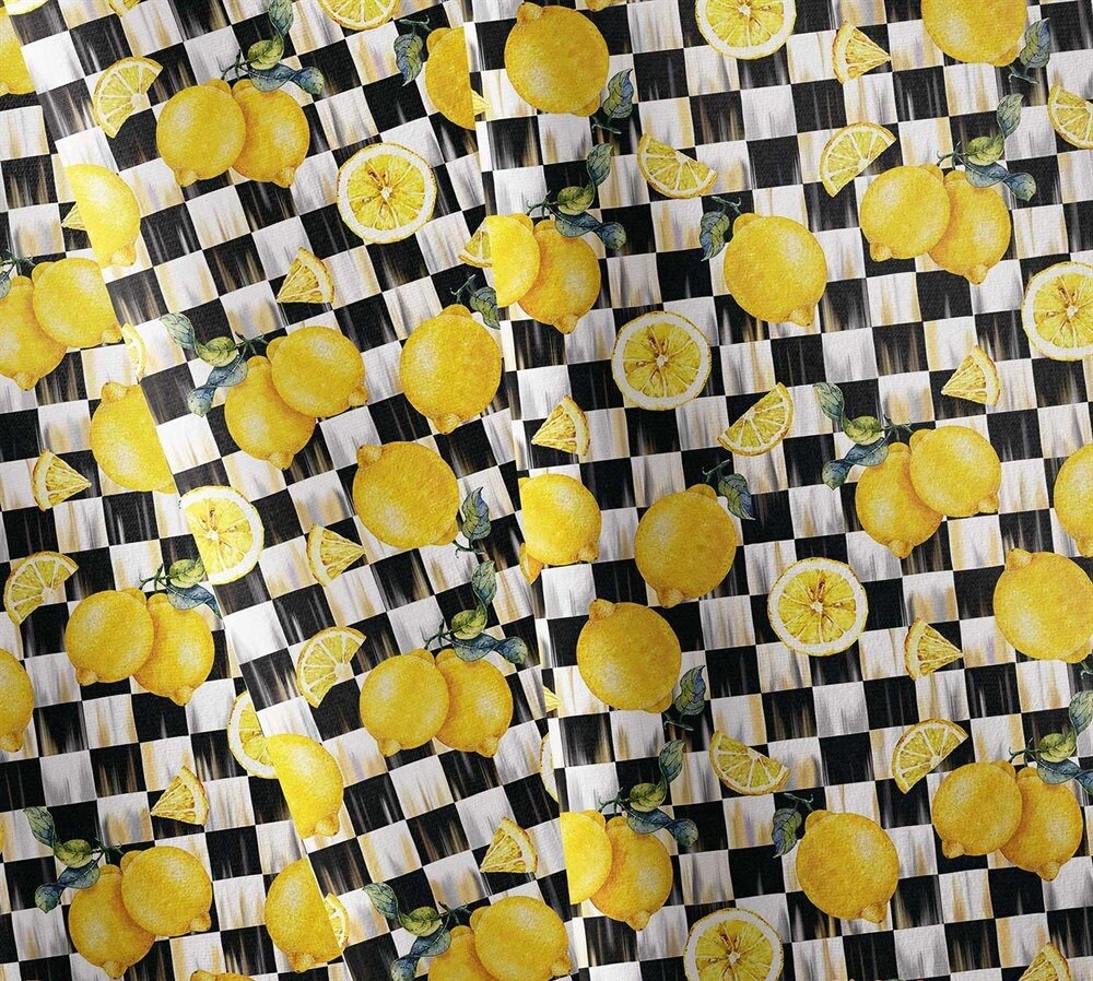Black and White Check Fabric, Citrus Lemon Print on Oil Paint ...