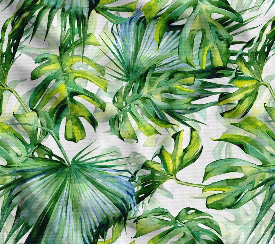 Watercolor Monstera Green Leaves Fabric, Hawaiian Fabric Tropical ...