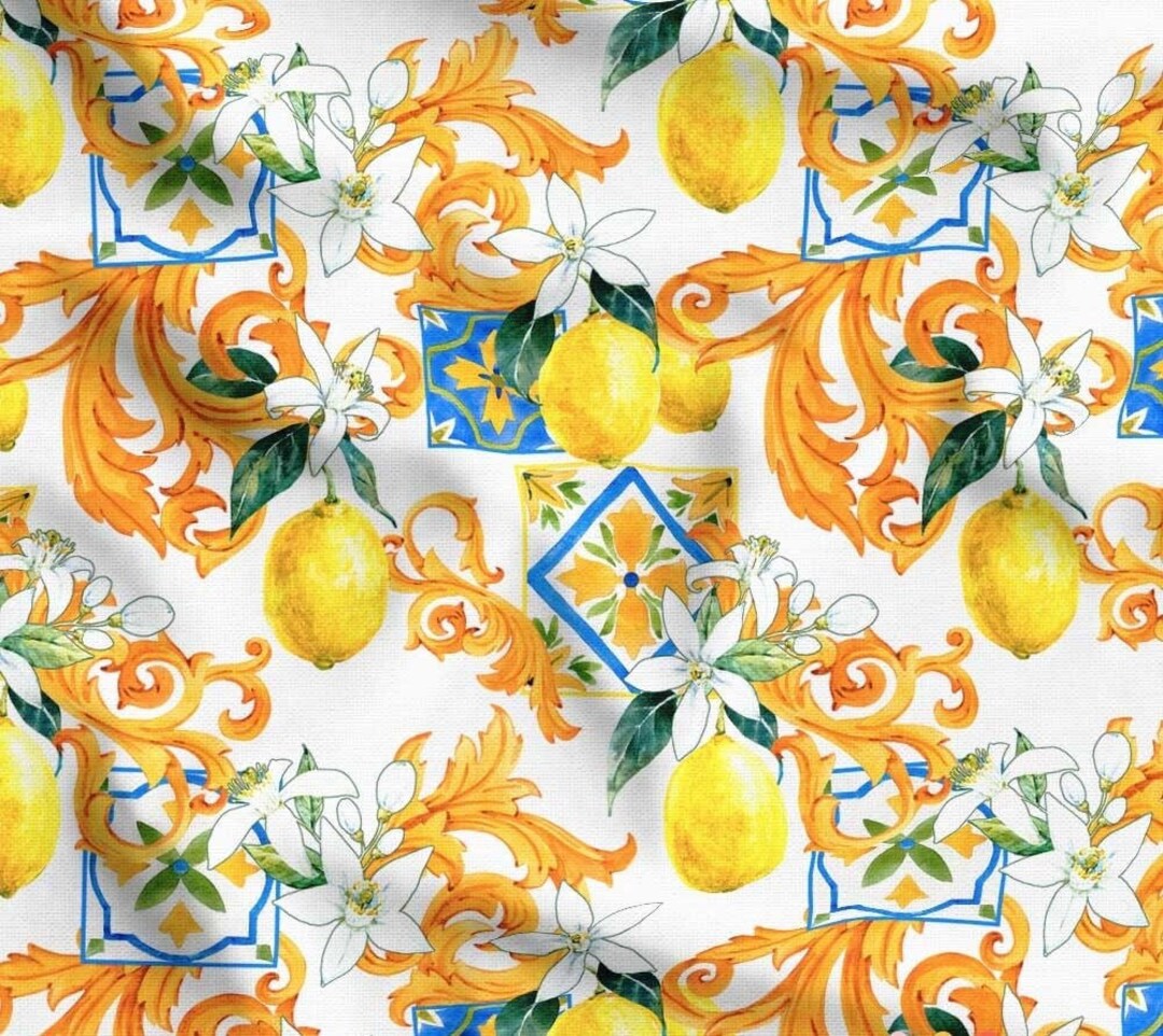 Lemon Garden Print Upholstery Fabric by the Yard, Damask Lemon Trees on ...
