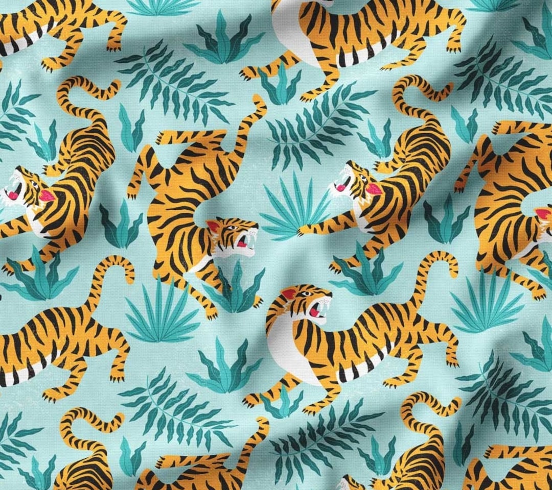 Tiger auf Türkis Stoff, Chinoiserie Stoff, Animal Print Polsterstoff ...